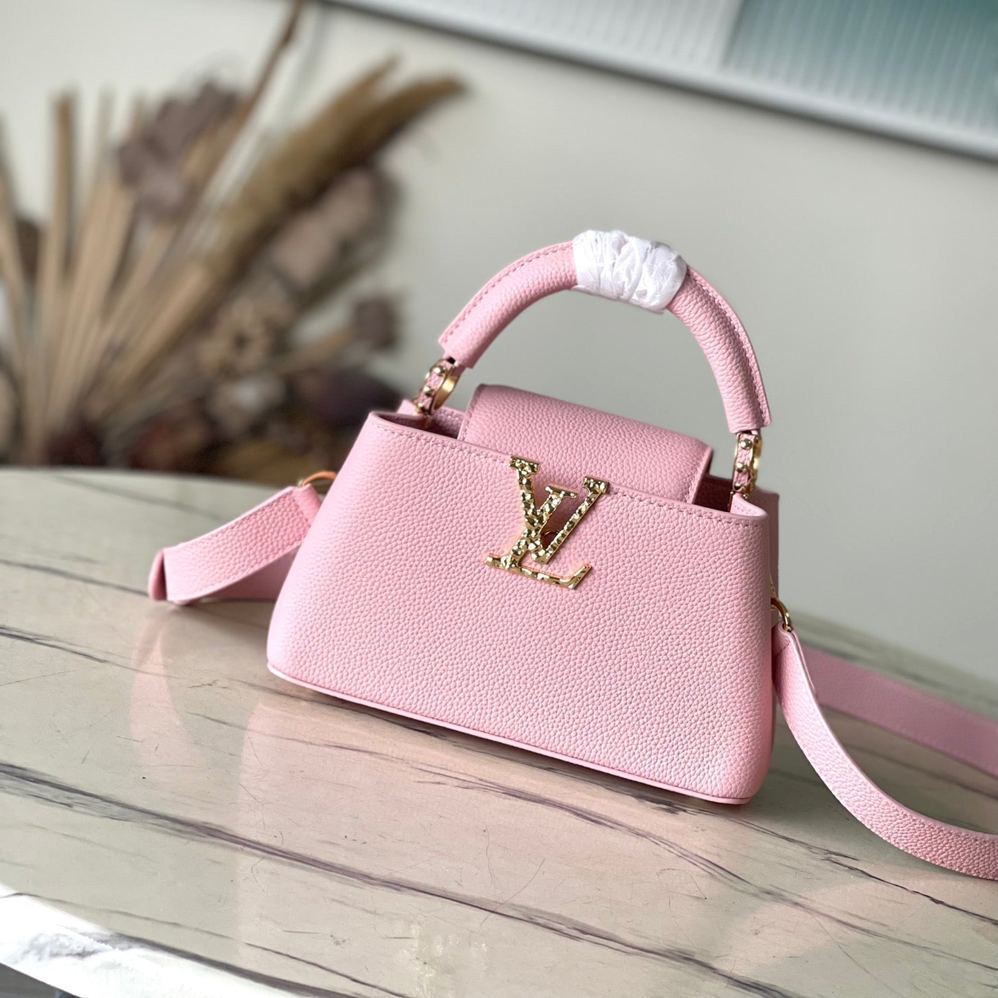 CAPUCINES EAST-WEST MINI 22 IN BLUSH PINK CALFSKIN GOLD HARDWARE – TP Luxe